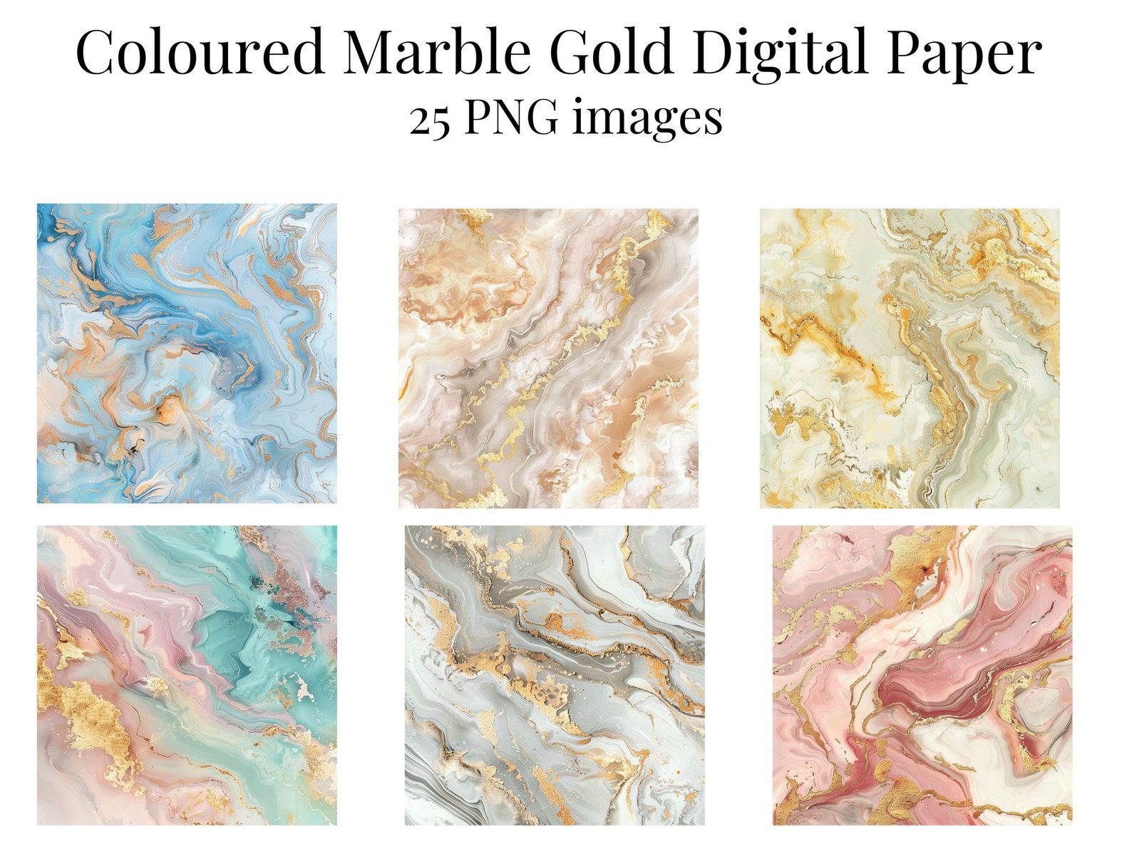 Coloured Marble Gold Digital Paper Set 2 - 25 PNG Images of Beautiful ...