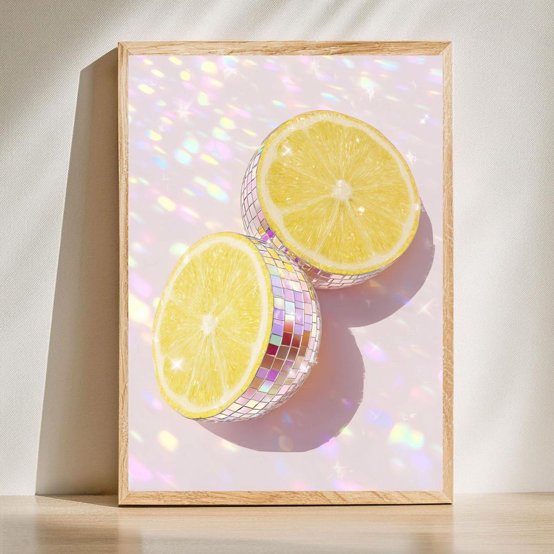 Disco Ball Sliced Lemon Print - Cute Foodie Art Print - Girly Kitchen ...
