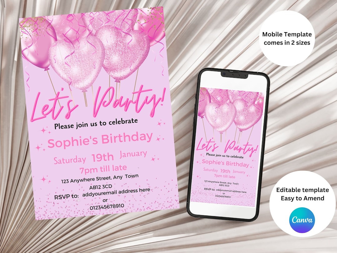 EDITABLE Birthday Party Invitation Template DIGITAL DOWNLOAD Pink ...