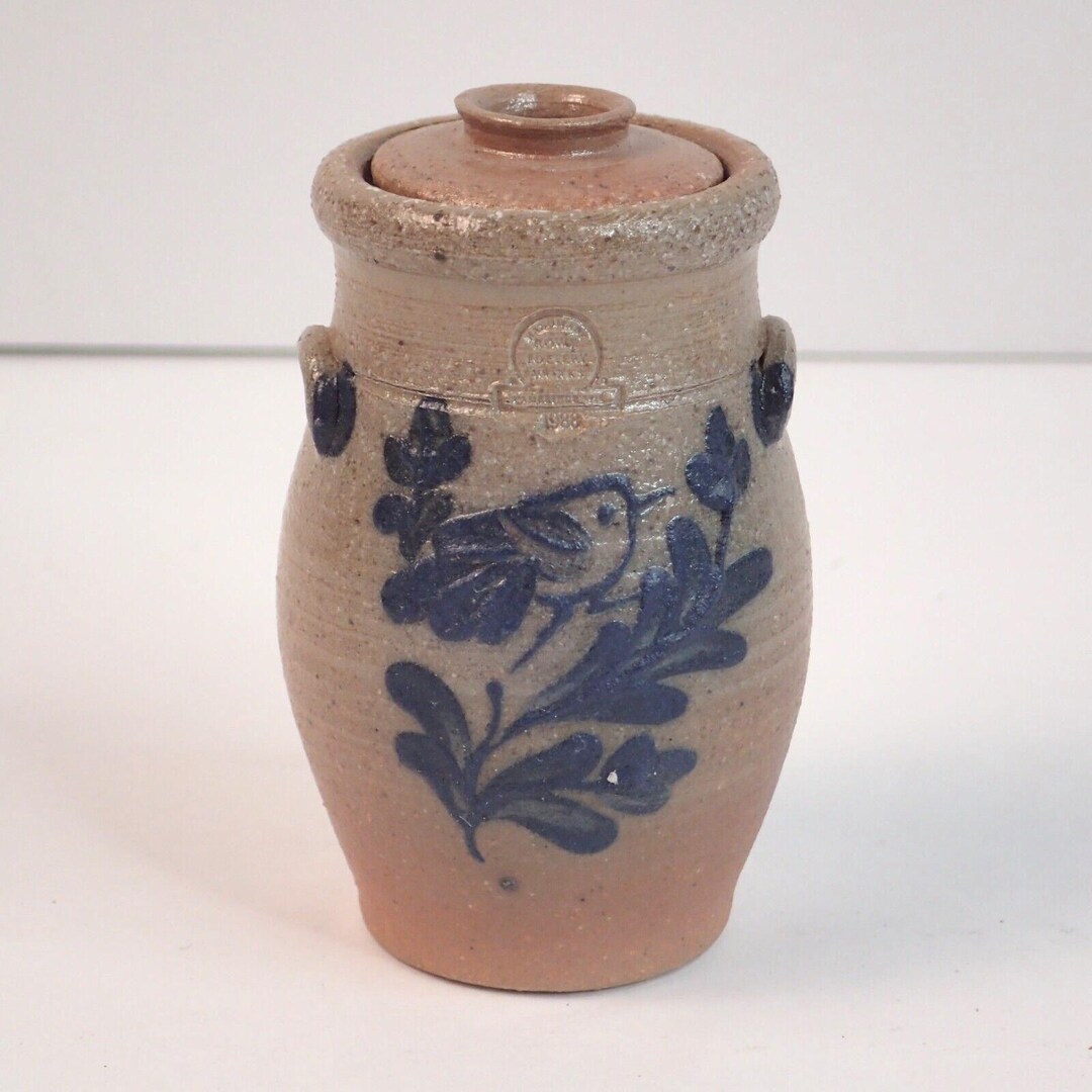 Vtg 1988 Miniature Rowe Stoneware Pottery Blue Bird Decorated Churn 2 1 ...