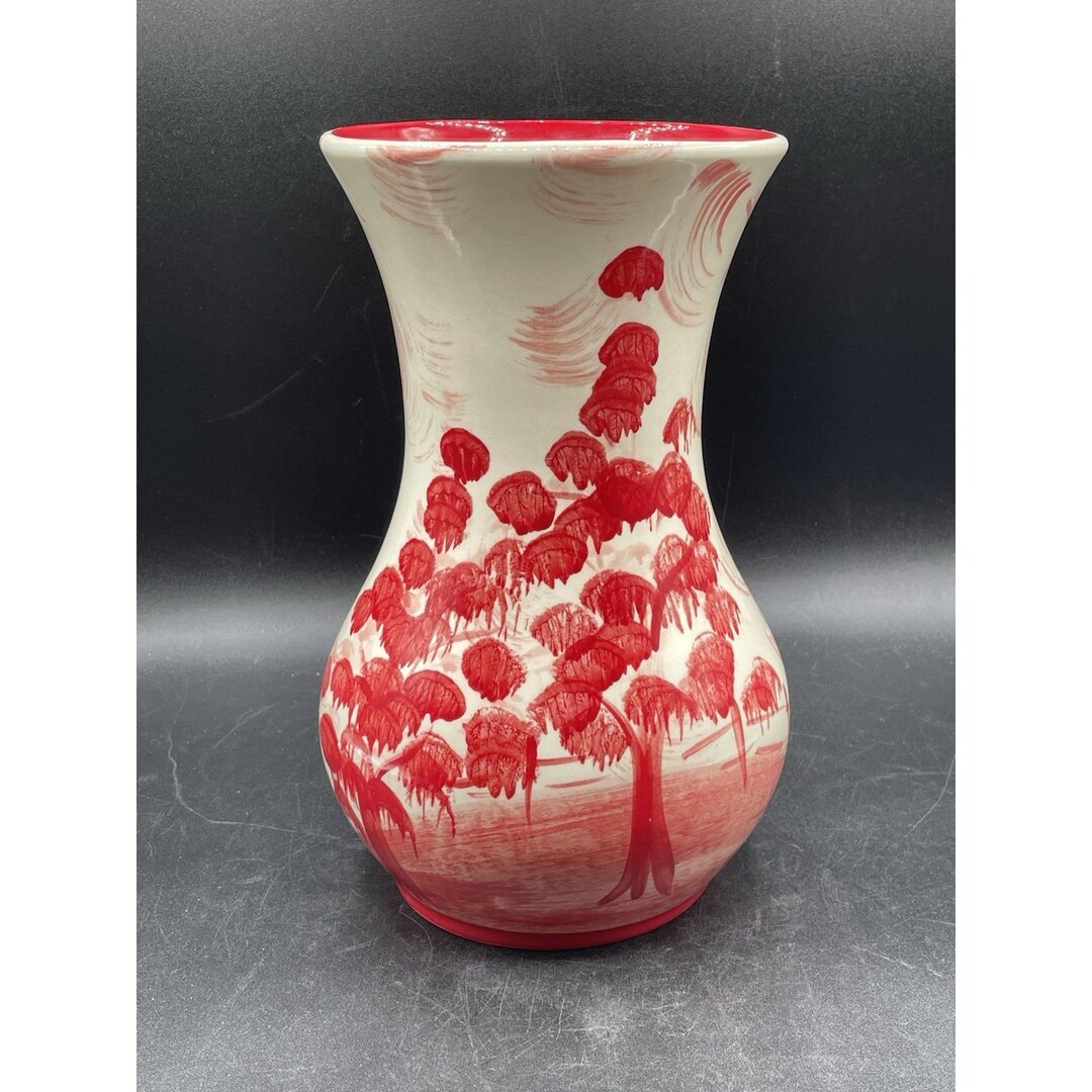 Gail Pittman Studio Pottery Flower Vase Red White Tree USA Signed Over ...