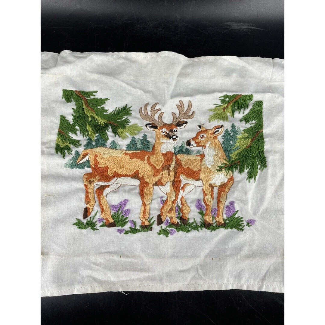 Vintage Crewel Embroidery Needle Craft Art Deer Forest Flowers No Frame ...