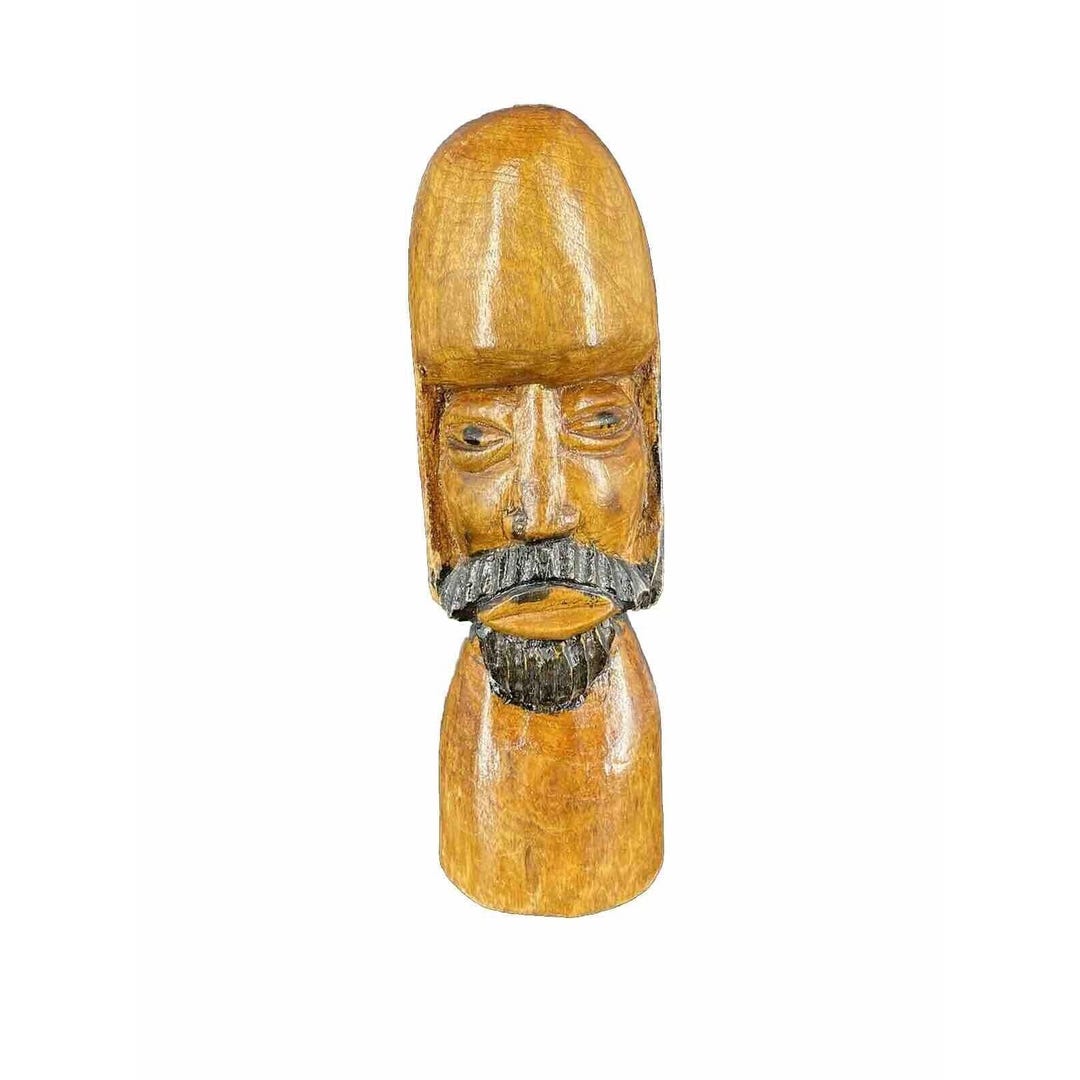 African Culture Hand Carved Wood Stained Head Statue Tiki Figure Beard ...