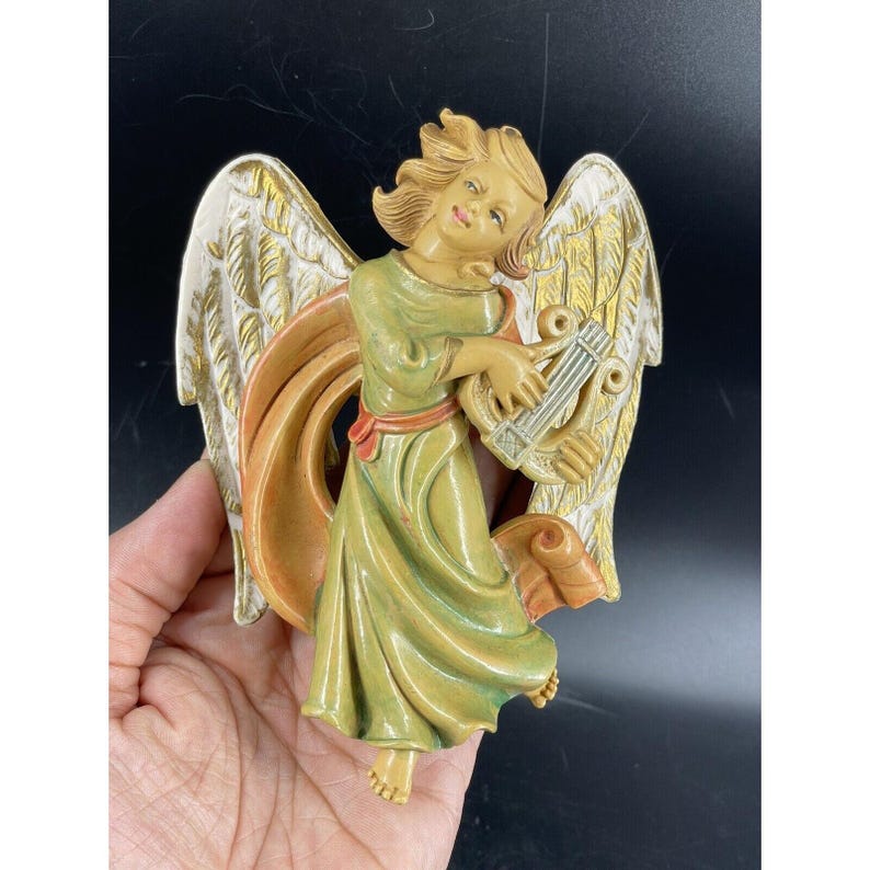 Vintage Italy Font Angel Figurine Resin Playing the Harp Religious ...