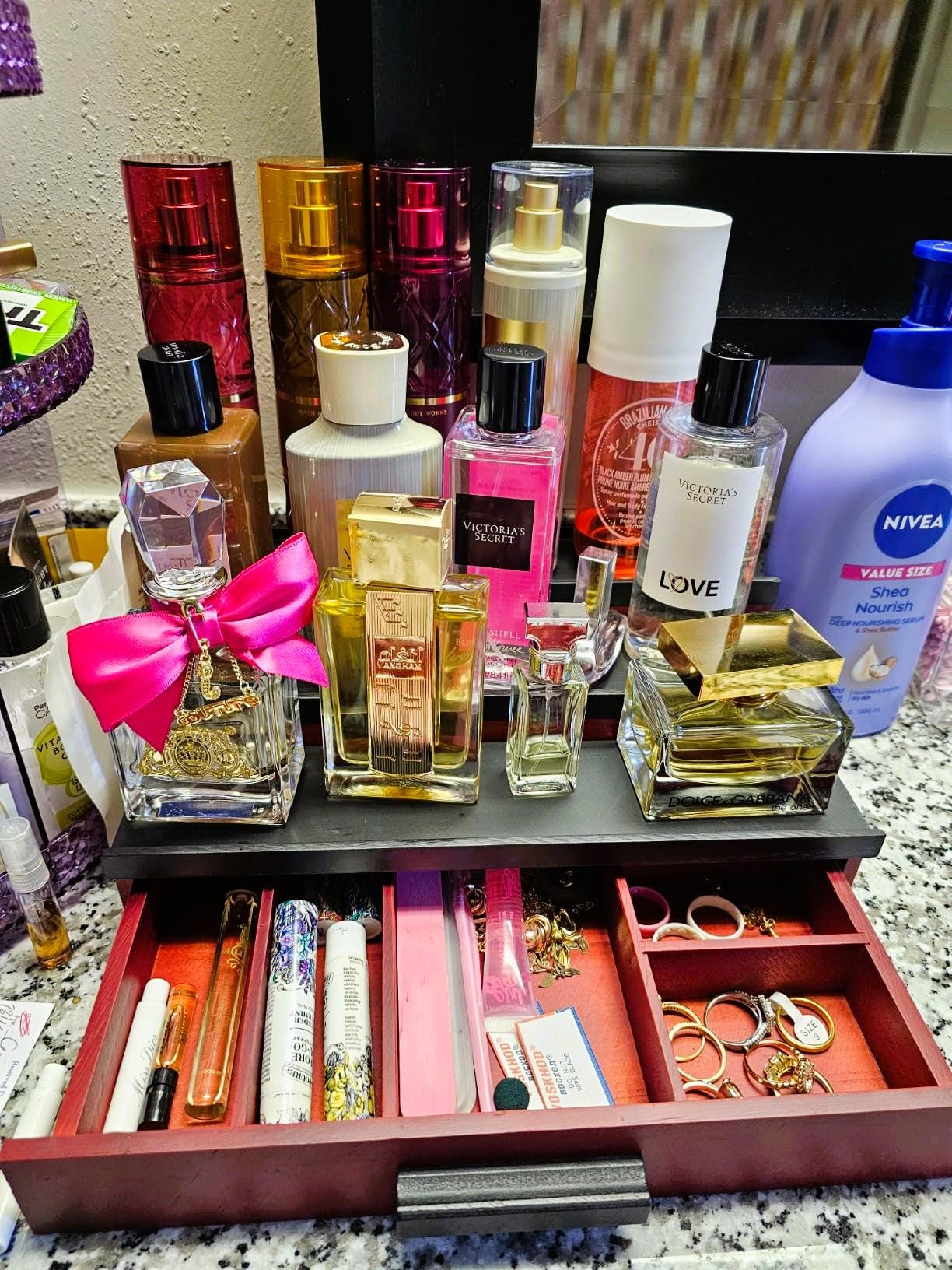 3 Tier Wooden Perfume Organizer With Drawer Makeup Organizer Perfume ...