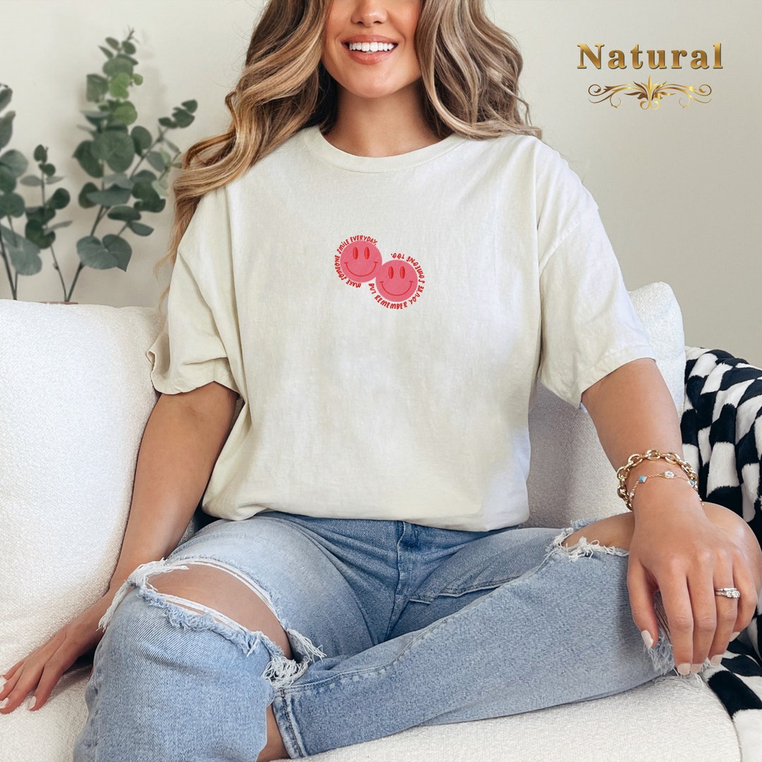 Embroidered Happy Face Tee, Smile Shirt, Happy T-shirt, Embroidered Tee ...