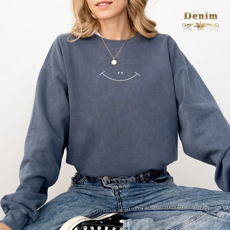 Embroidered Happy Face Sweatshirt, Smile Sweater, Happy Crewneck ...