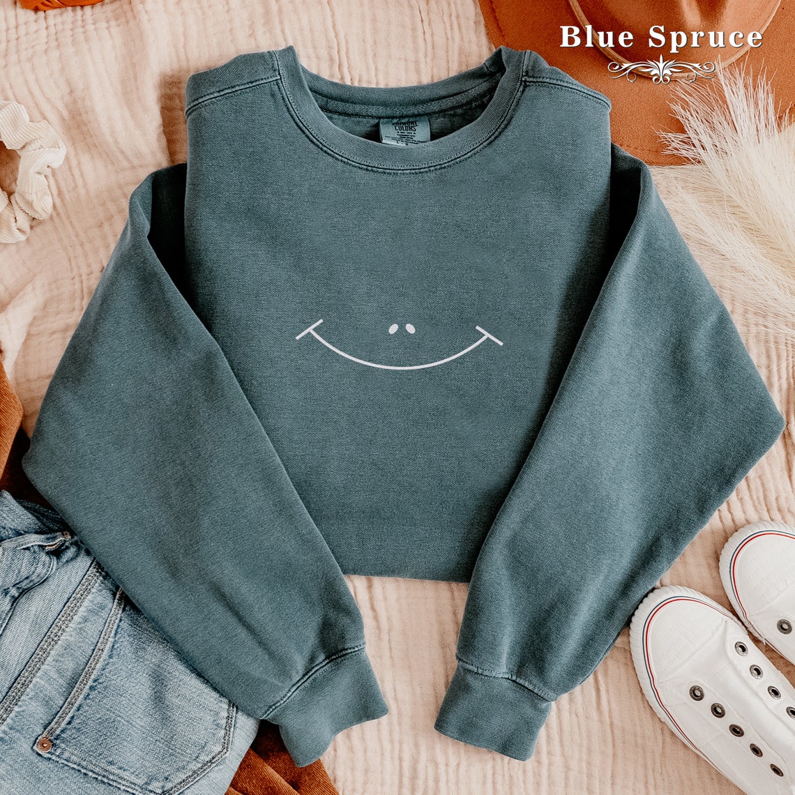 Embroidered Happy Face Sweatshirt, Smile Sweater, Happy Crewneck ...