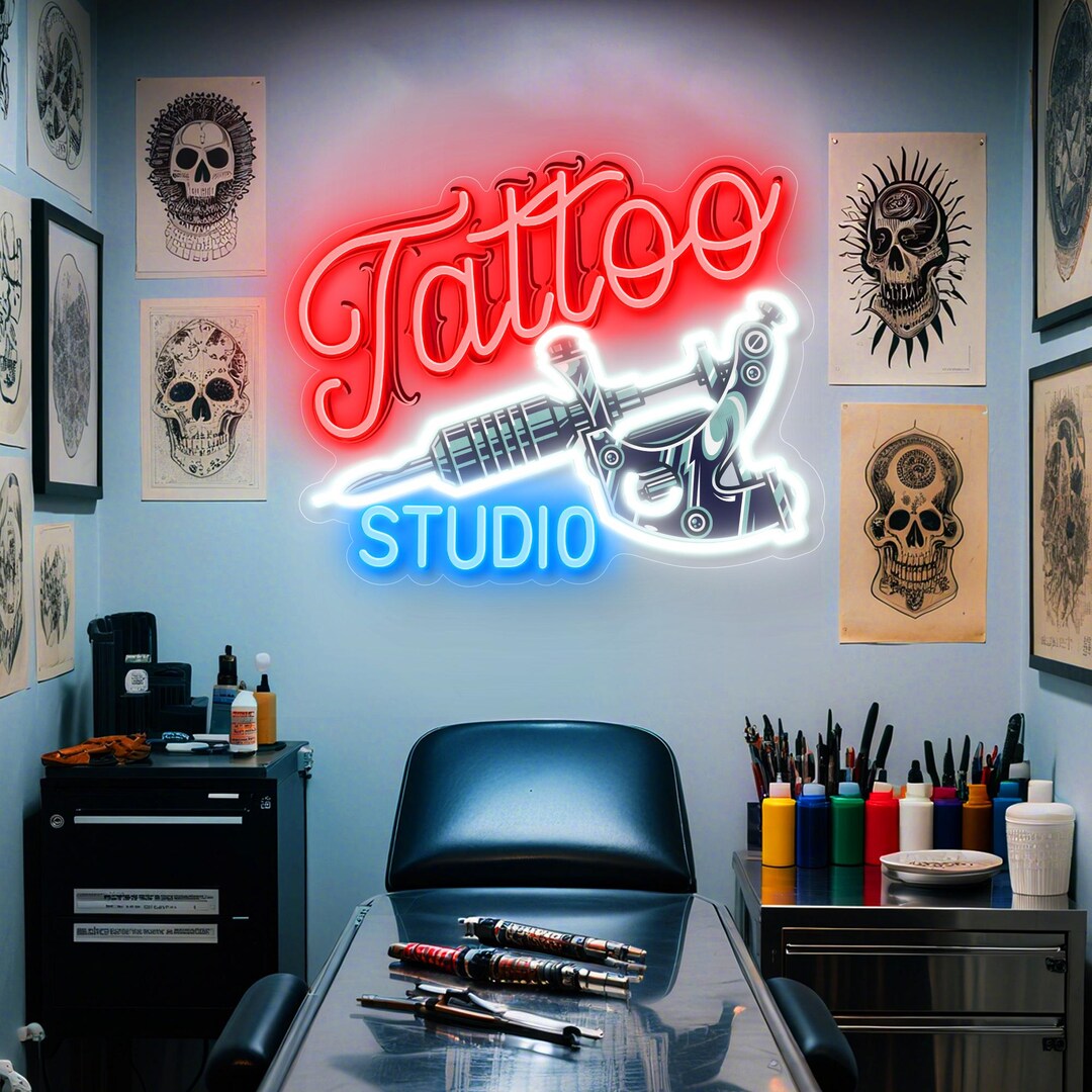 Custom Tattoo Studio Neon Sign | LED Tattoo Machine Light With UV Print ...