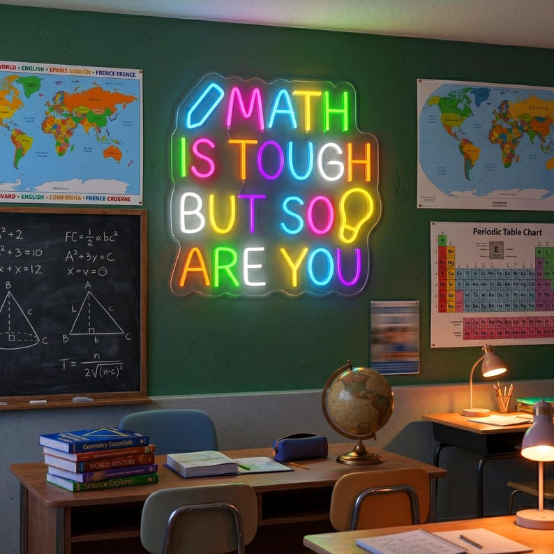 Math is Tough but so Are You Neon Sign | Rainbow LED Math Classroom ...