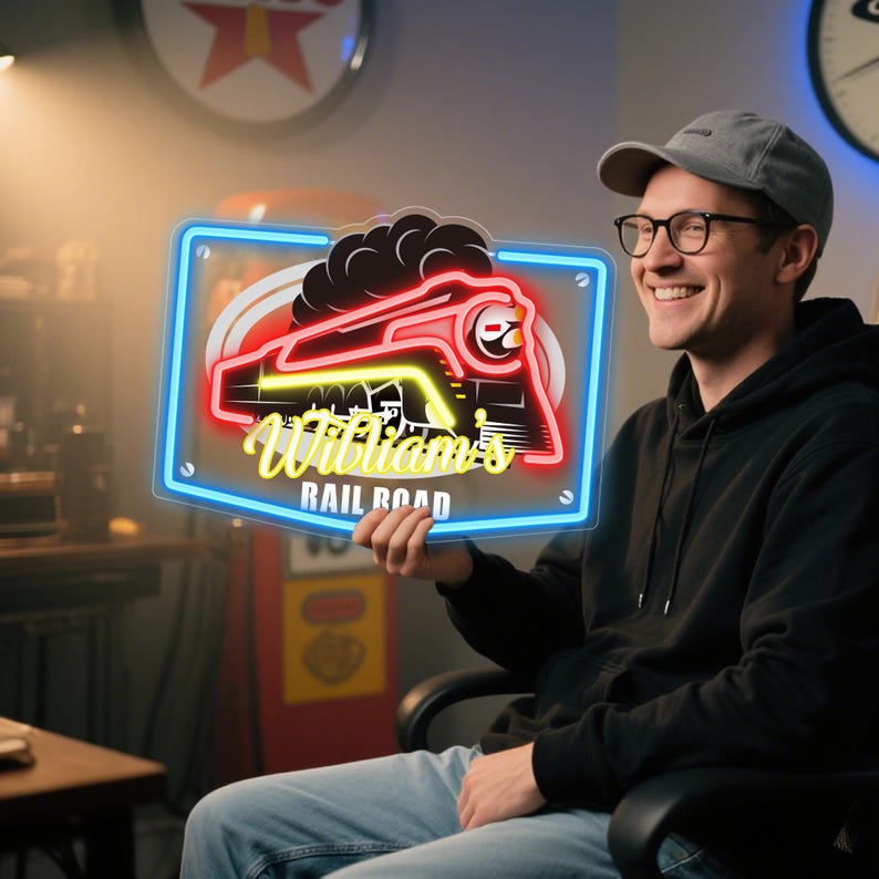 Custom Railroad Neon Sign - Personalized Train LED Wall Decor for Man ...