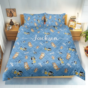 Personalized Bluey Quilt Bedding Set, Custom Name Bluey Family Quilt ...