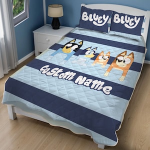 Personalized Bluey Quilt Bedding Set, Custom Name Bluey Family Quilt ...