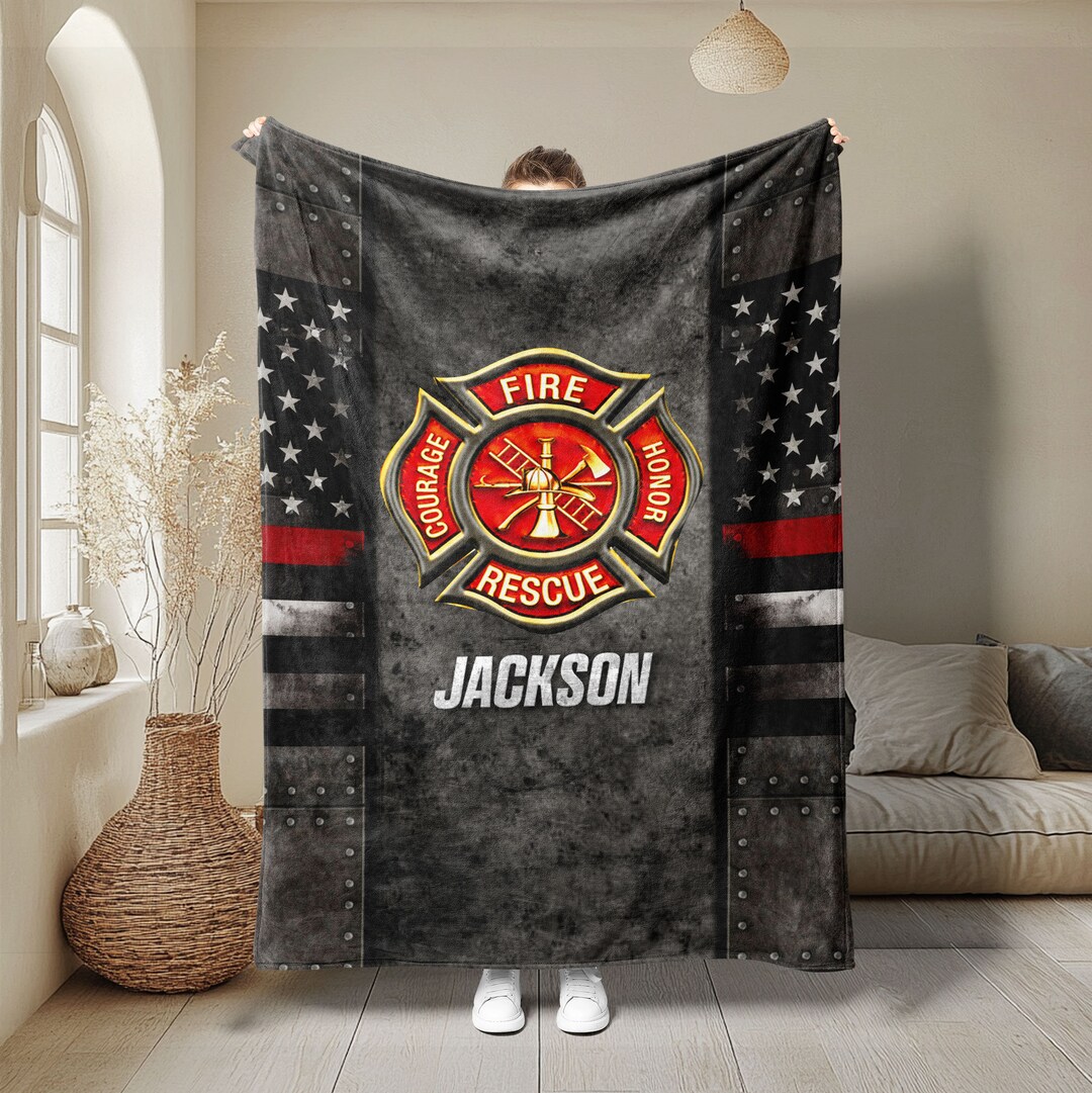 Personalized Firefighter Blanket, Thin Red Line Flag Blanket, Custom ...