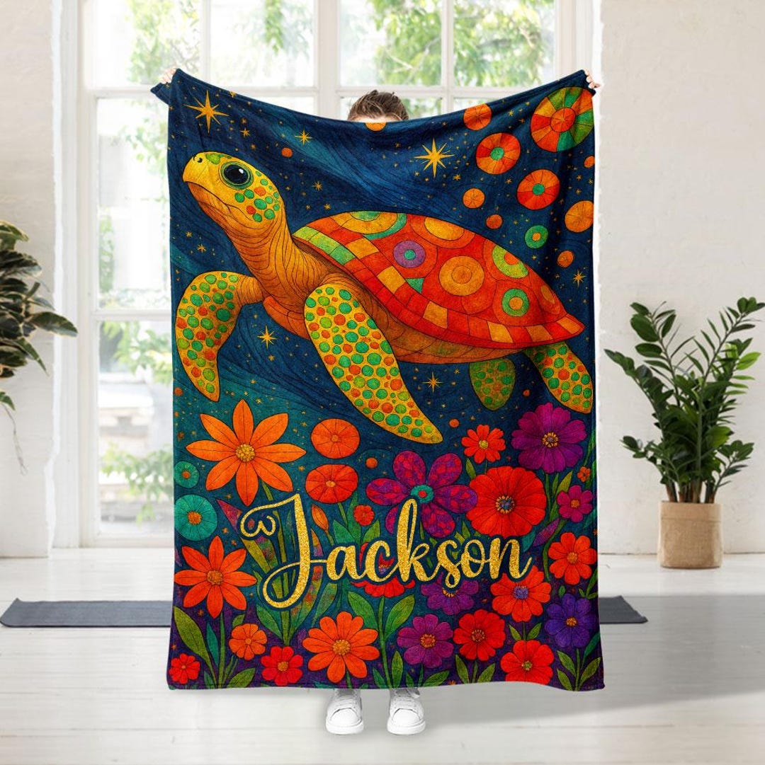 Personalized Turtle Blanket, Sea Turtle & Flower Blanket, Custom Name ...