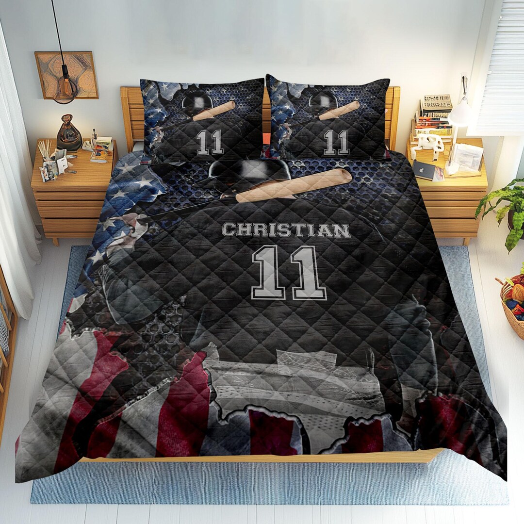 Personalized Baseball Quilt Set, Player US Flag Quilt Blanket ...