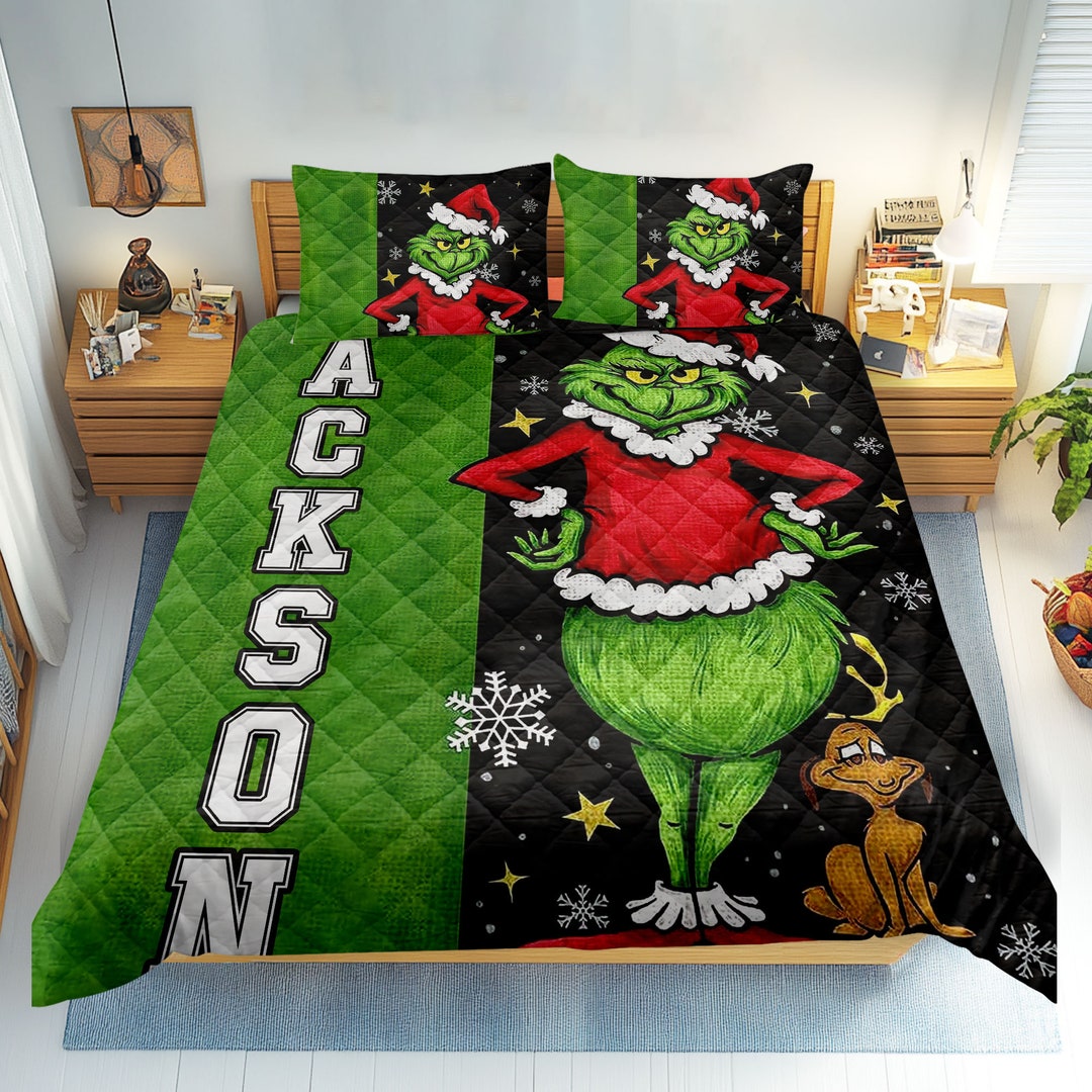 Personalized Grinch Quilt Bedding Set, Custom Name Grinch Quilt Blanket ...