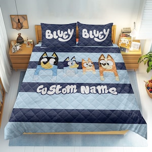Personalized Bluey Quilt Bedding Set, Custom Name Bluey Family Quilt ...
