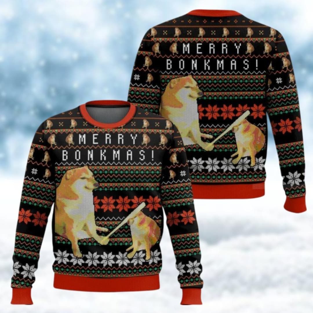 Bonkmas Cheems Doge Meme Ugly Christmas Sweater, Dog Chrismas Ugly ...