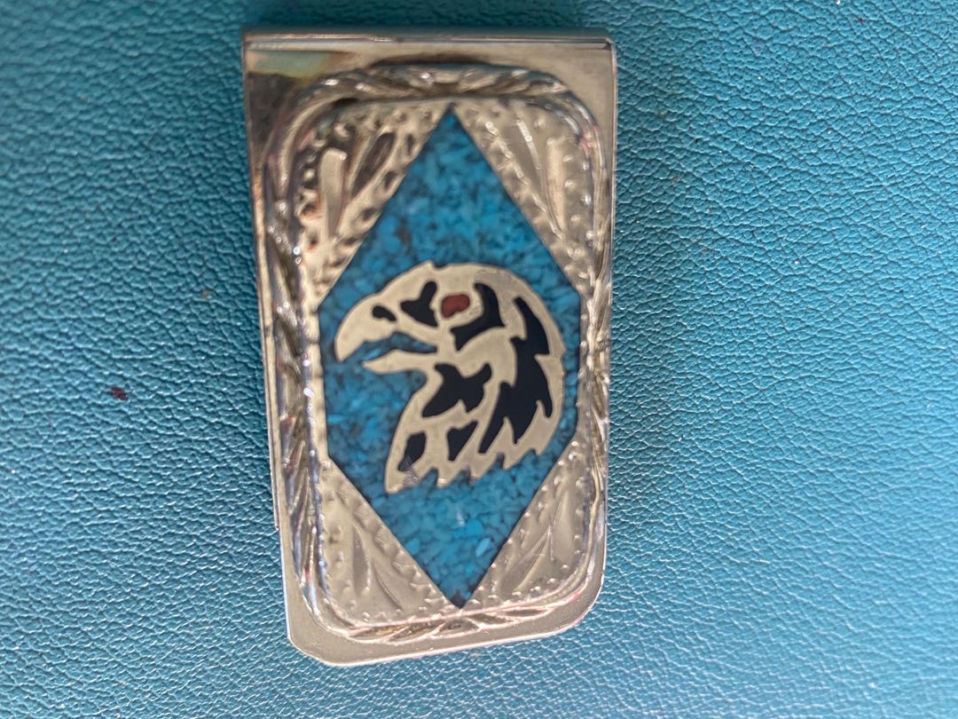 Vintage Native American Inlaid Money Clip, Turquoise, Onyx, Coral ...