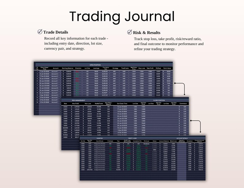 Forex Trading Journal Template Dark Mode Google Sheets Excel P&L Win ...