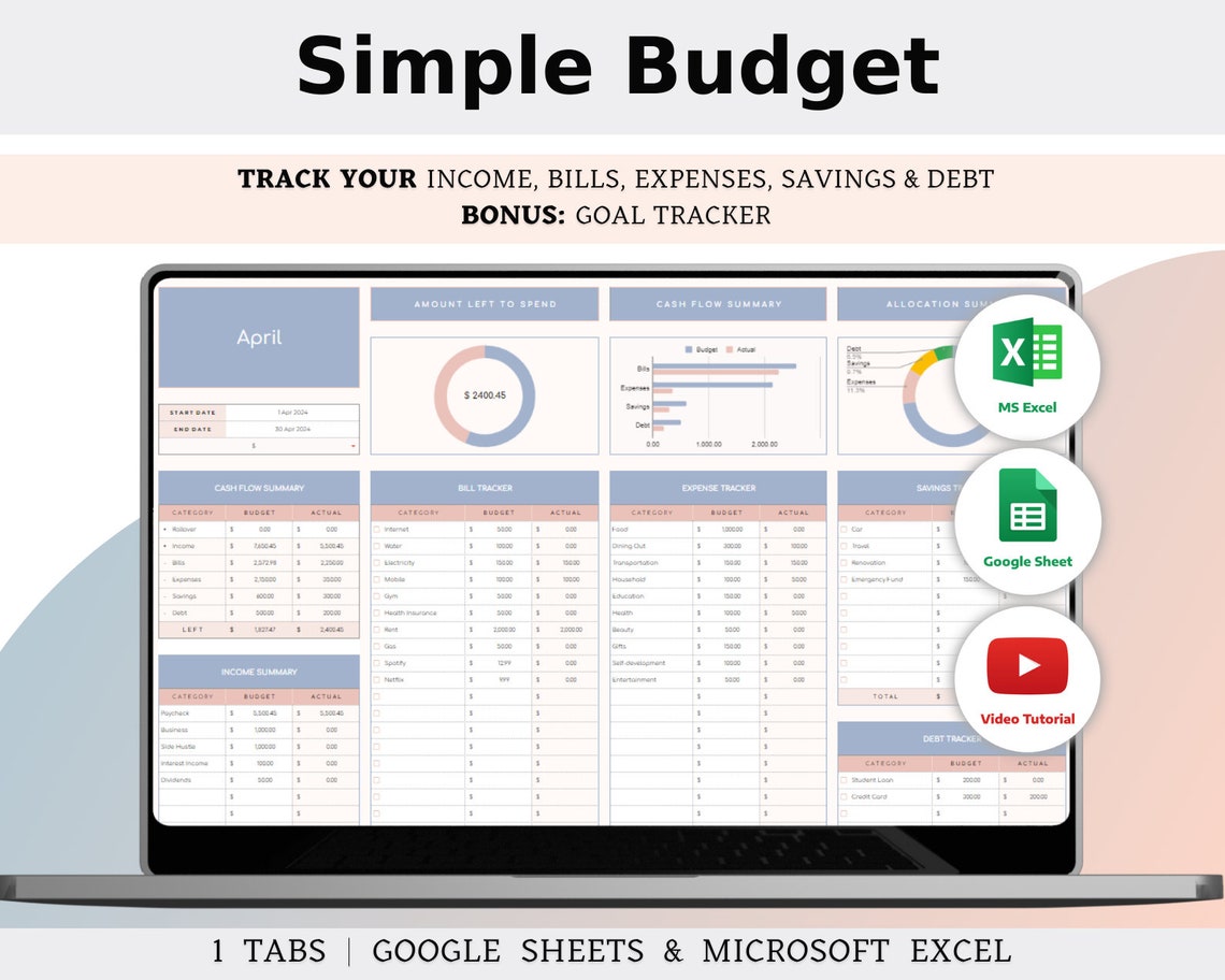 Budget Planner Excel & Google Sheets, Monthly Budget Spreadsheet ...