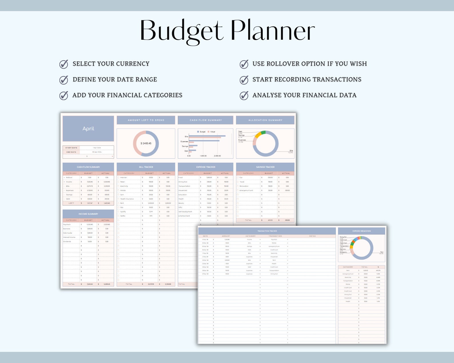 Budget Planner Excel & Google Sheets, Monthly Budget Spreadsheet ...