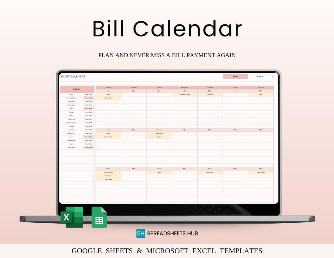 Bill Payment Calendar | Excel & Google Sheets Template - Etsy