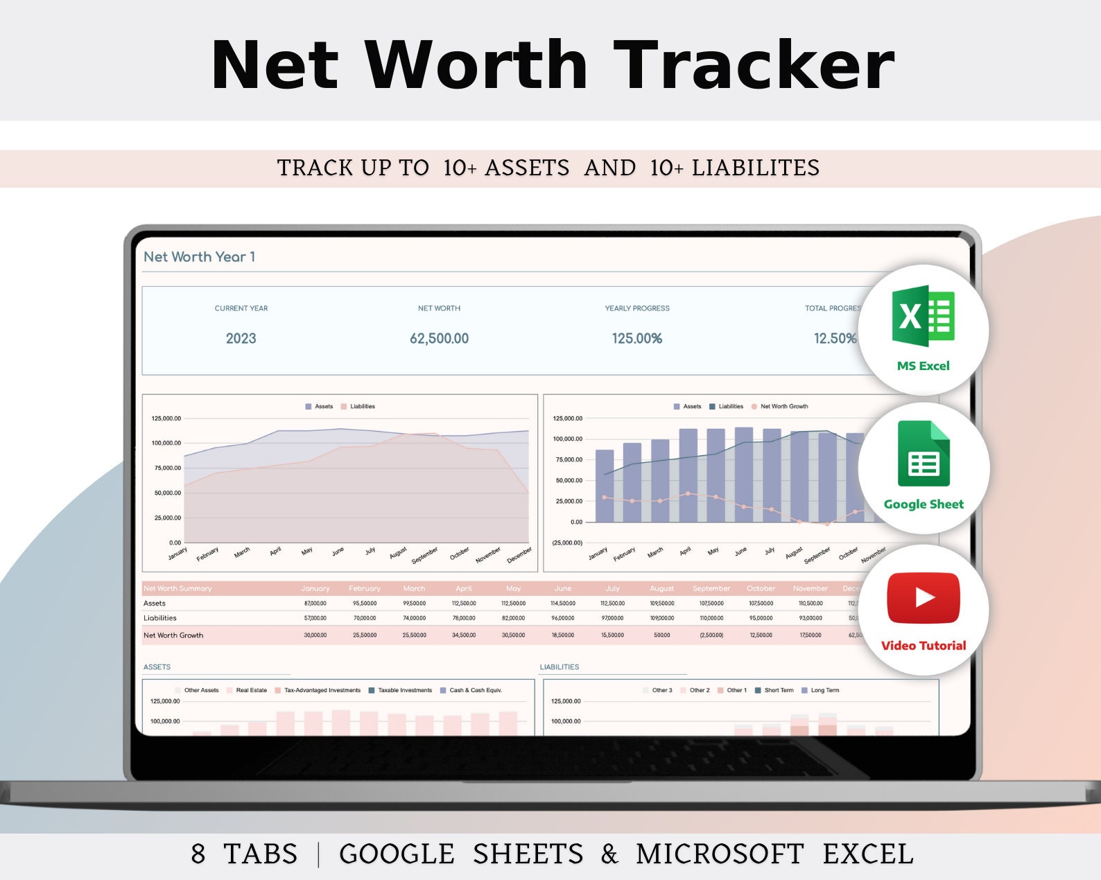 Net Worth Tracker Spreadsheet Template in Excel & Google Sheets, Net ...