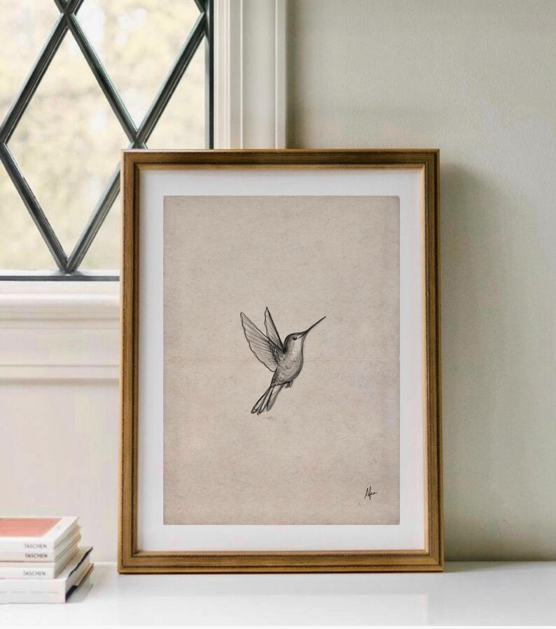 Vintage Hummingbird Art Print, Retro Bird Hand Drawn Sketch, Tiny ...