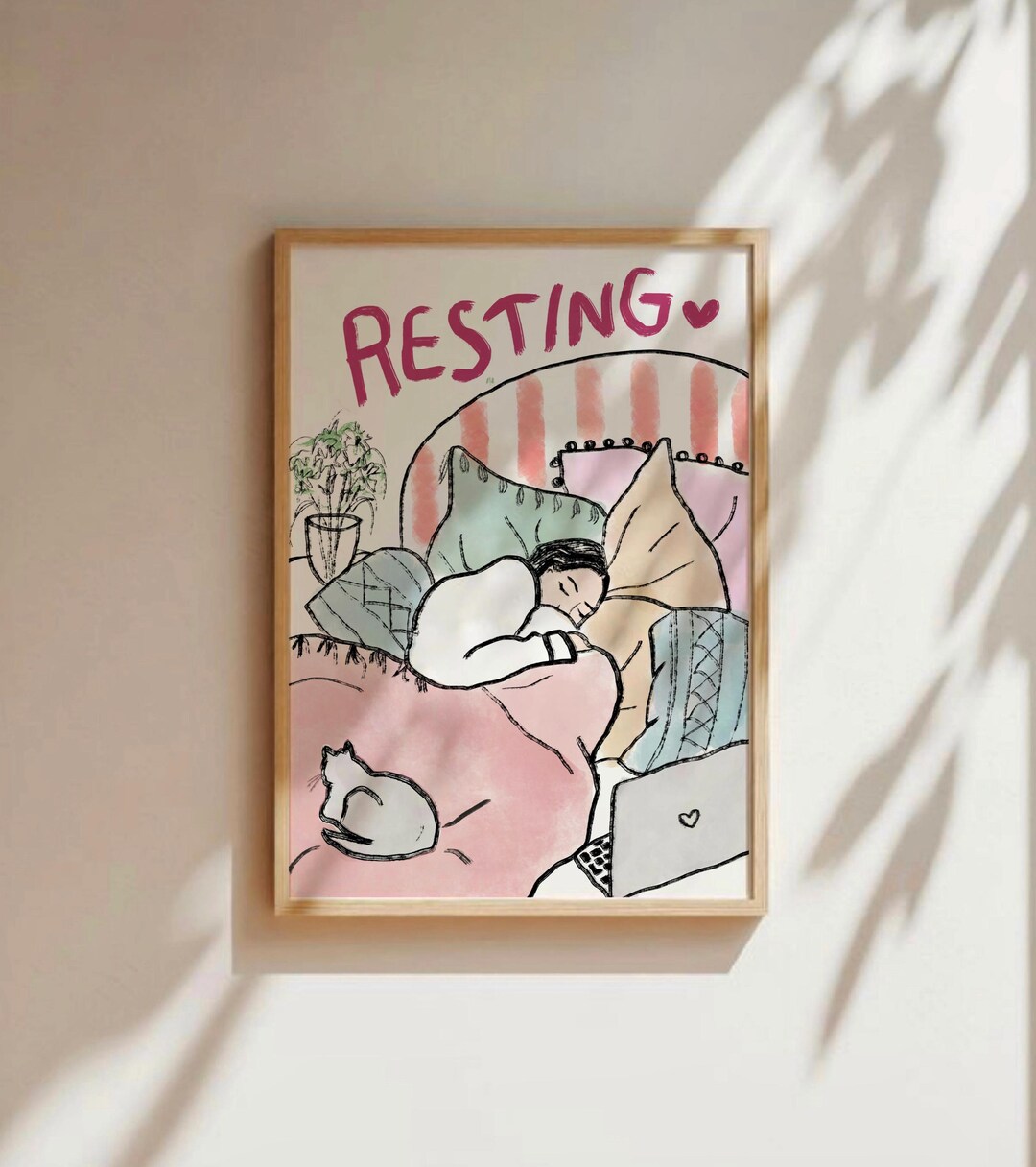 Resting Sketch Art Print, Girl Sleeping in Bed Colorful Illustration ...