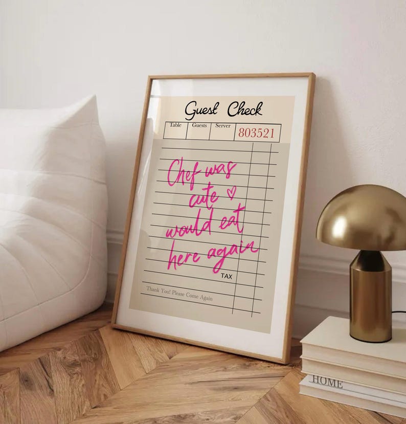 Guest Check Print, Trendy Pink Wall Art, Chef Was Cute Would Eat Here ...