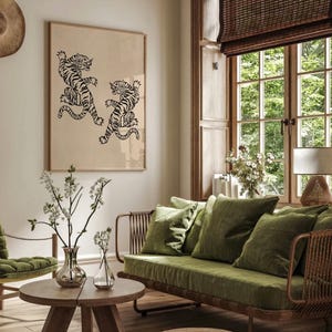 Retro Tiger Art Print, Hand Drawn Tiger Wall Art, Double Tiger Poster ...