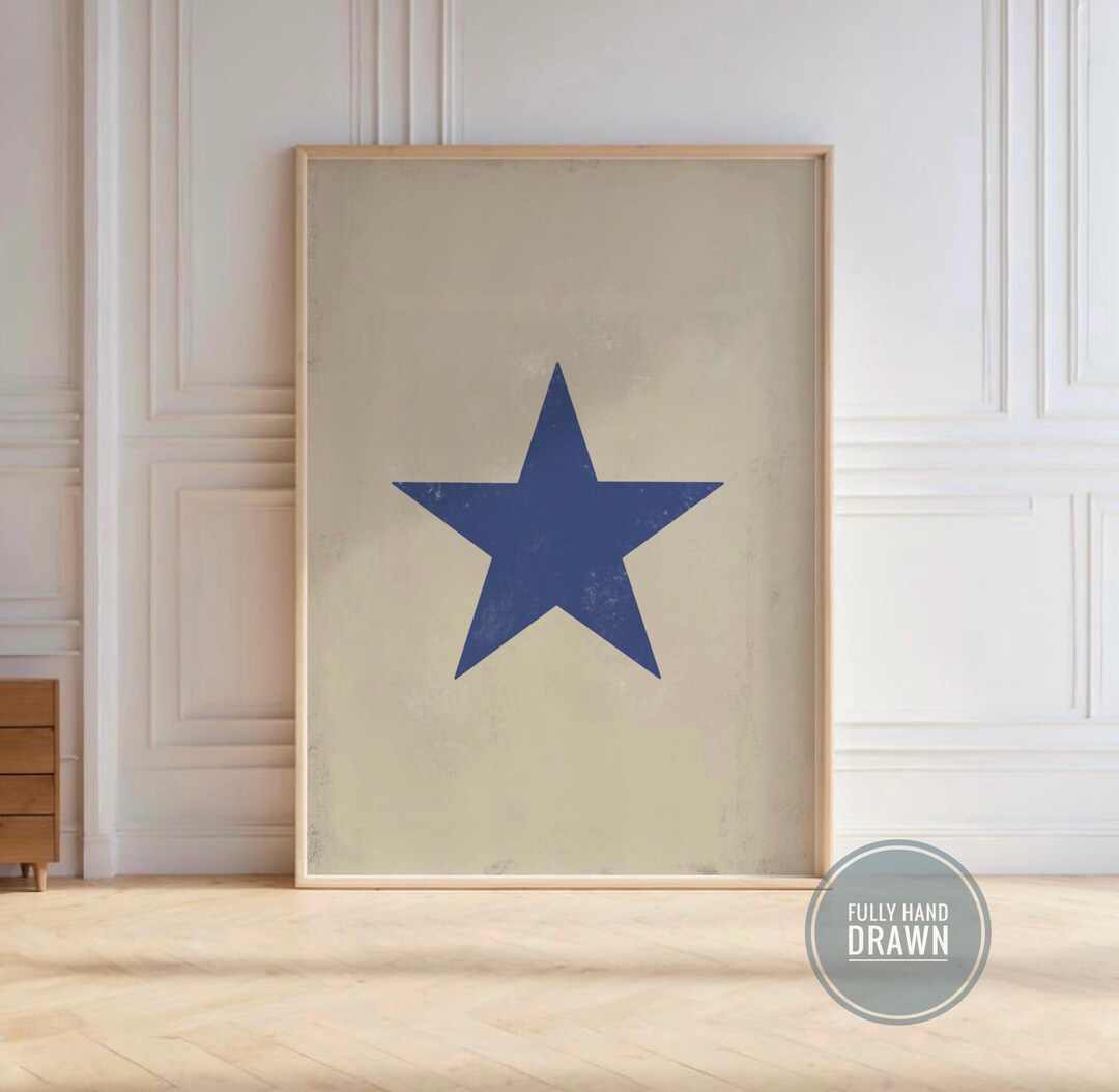 Retro Star Art Print, Navy Blue Star Wall Art, Hand Drawn Star Poster ...