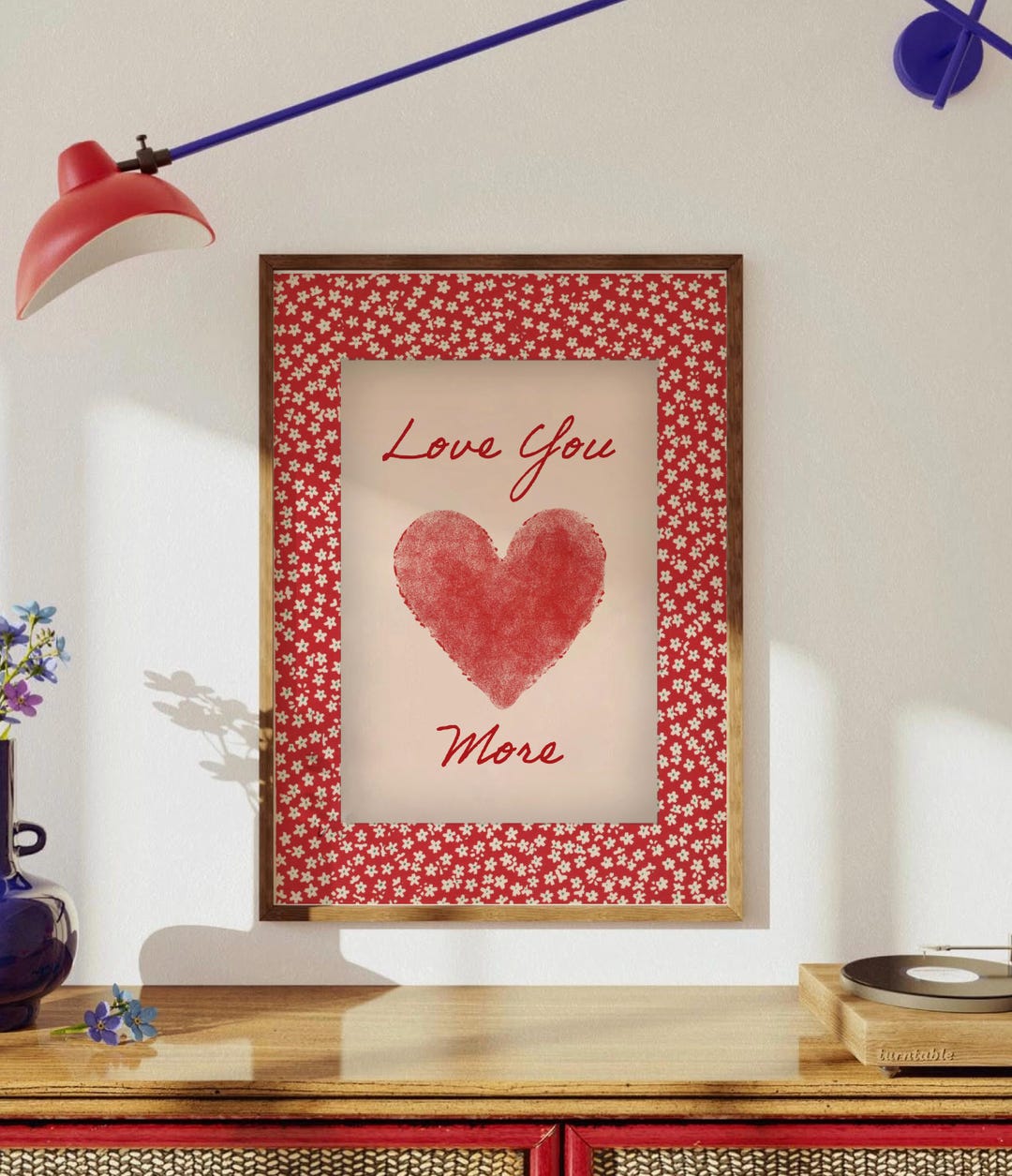 Retro Love 70s Poster, Love You More Romantic Print, Watercolor Heart ...
