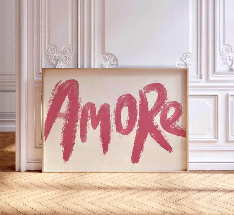 Amore Art Print, Pink Typography Wall Art, Amore Poster, Horizontal ...