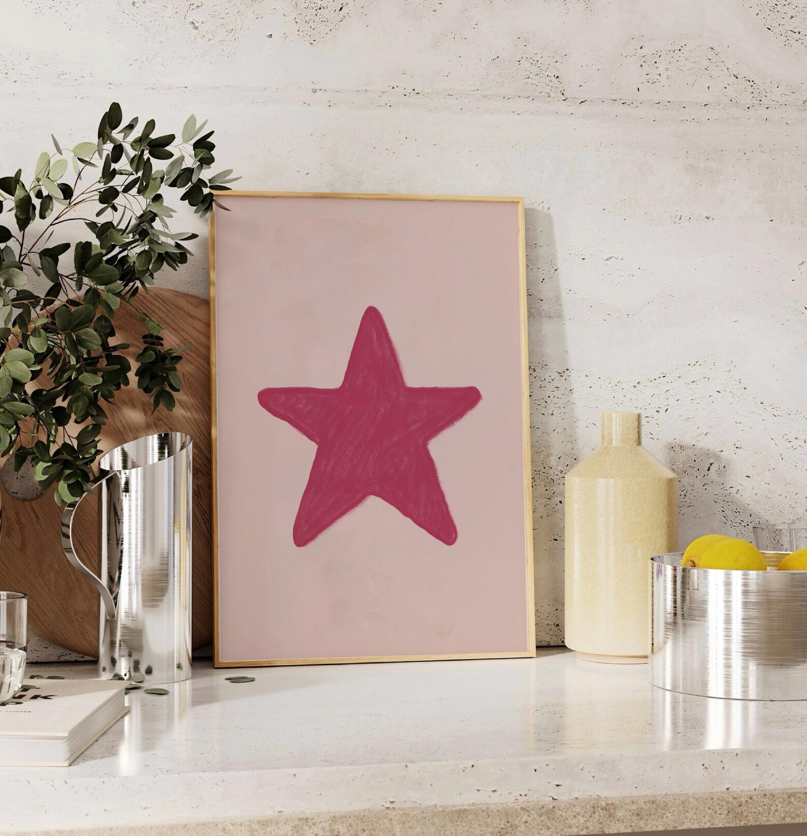 Pink Star Art Print, Retro Star Poster, Hand Drawn Star Wall Art ...