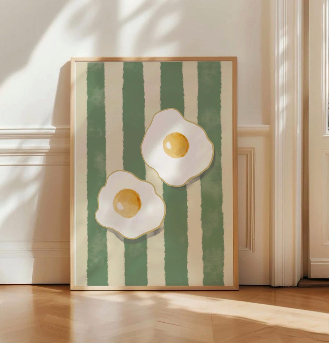 Retro Egg Art Print, Fried Egg Wall Art, Green Striped Lines Poster ...