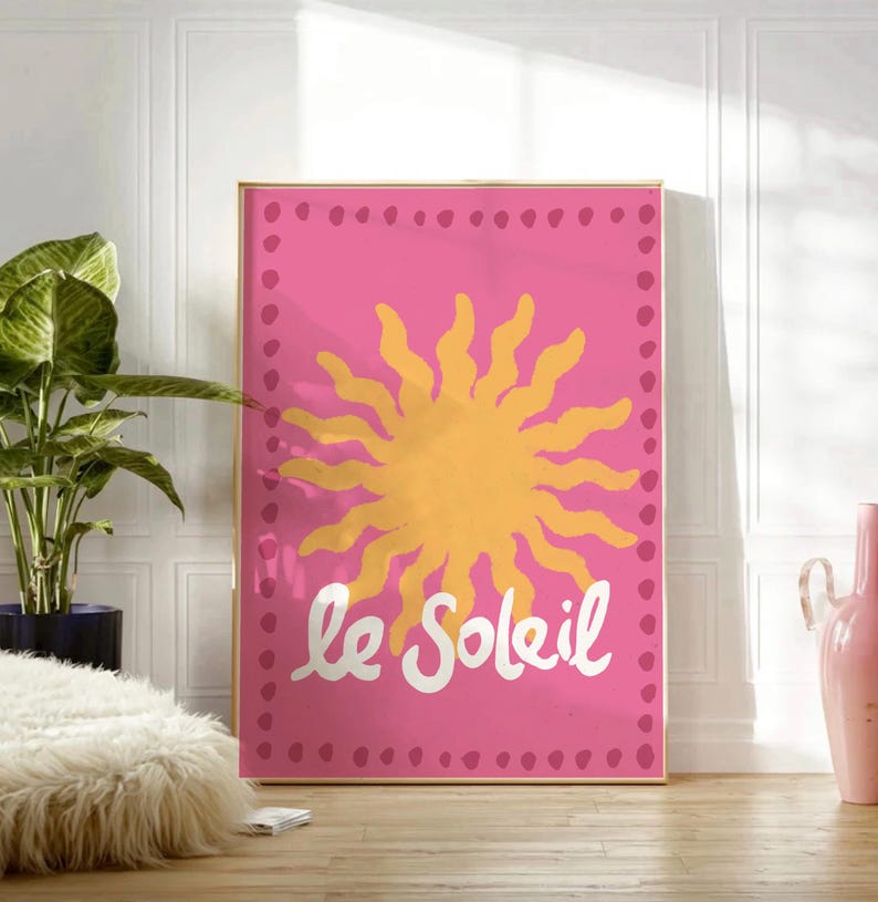 Le Soleil Printable Art, Boho Sun Illustration, Preppy Pink Poster ...