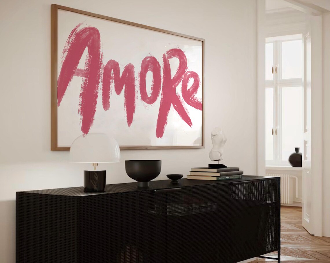 Amore Art Print, Pink Typography Wall Art, Amore Poster, Horizontal ...