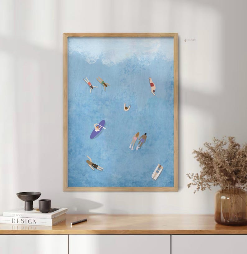 Swimming Watercolor Art Print, Tiny People Ocean Coastal Wall Art ...