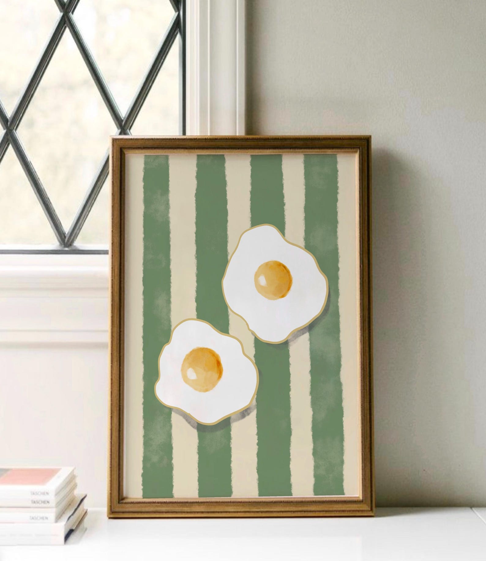 Retro Egg Art Print, Fried Egg Wall Art, Green Striped Lines Poster ...