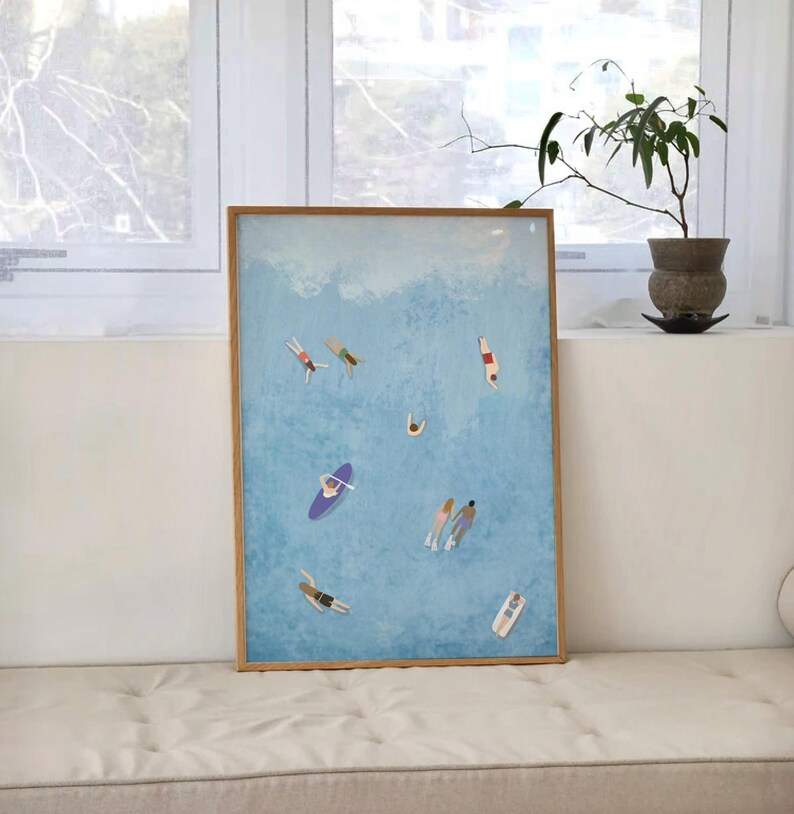 Swimming Watercolor Art Print, Tiny People Ocean Coastal Wall Art ...
