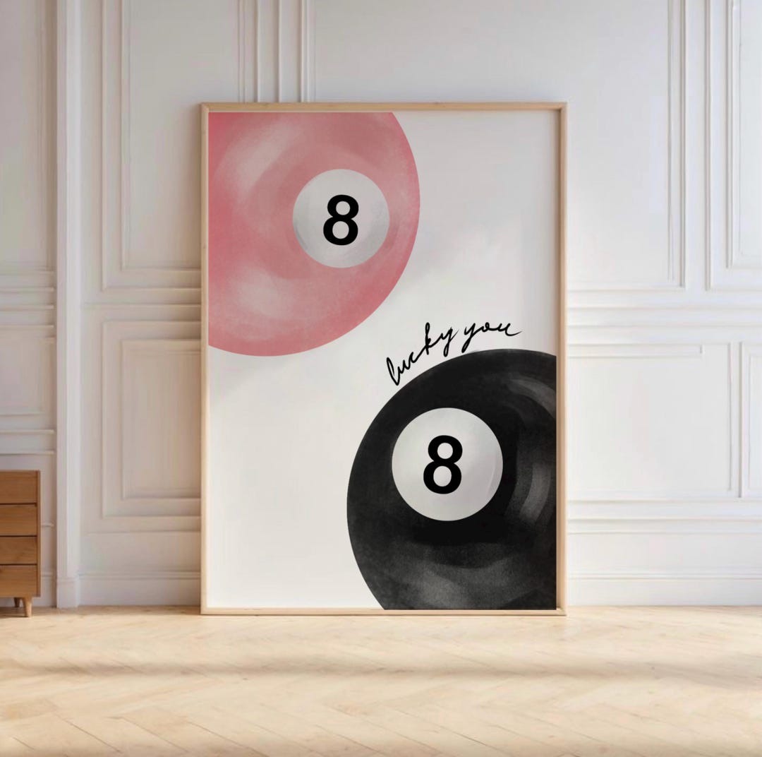 Lucky You Vintage 8 Ball Print, Pink Black Pool Ball Wall Art, Retro ...