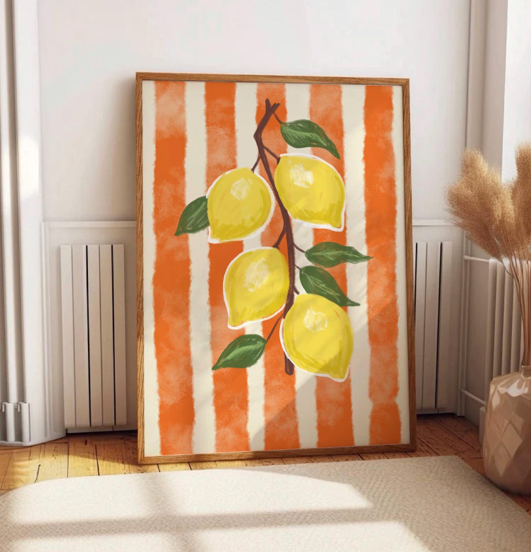 Lemons Wall Art, Lemon Abstract Drawing, Watercolor Stripes Line Art ...