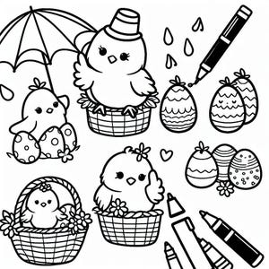 Easter Bunnies and Chicks Printable Coloring Book Pages, Easter ...