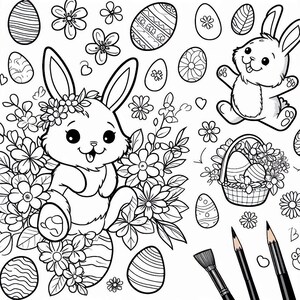Easter Bunnies and Chicks Printable Coloring Book Pages, Easter ...