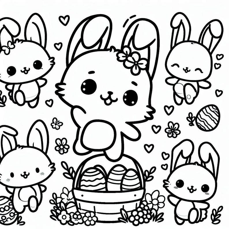 Easter Bunnies and Chicks Printable Coloring Book Pages, Easter ...