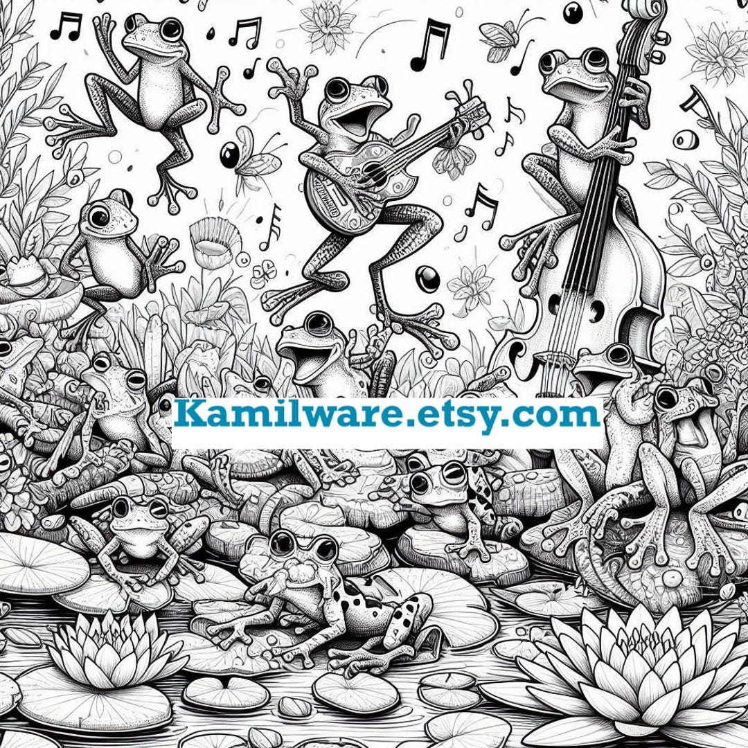 Coloring Pages for Adults, Chaotic Frogs Playing Music, AI Generated ...