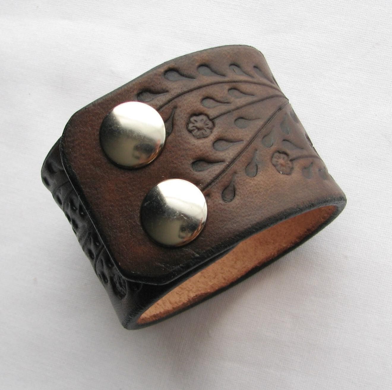 Wide Brown Leather Cuff Bracelet Floral Vine Hand Tooled - Etsy